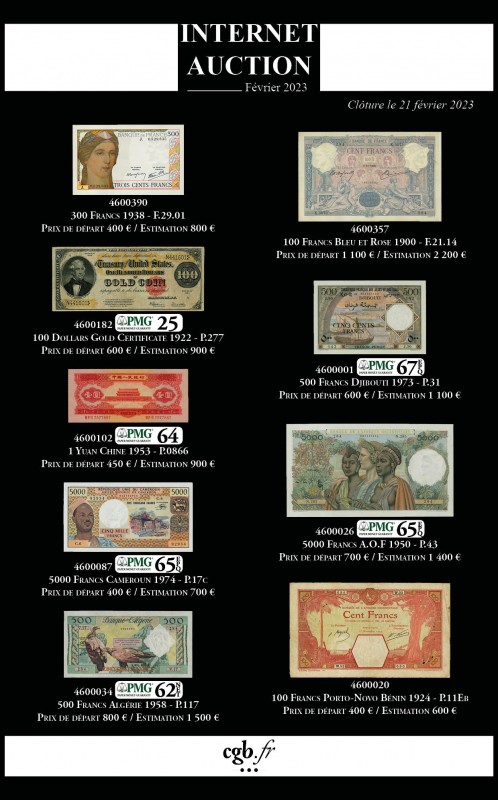 CGB Internet Auction Billets 21 février 2023 : placez vos pré-ordres